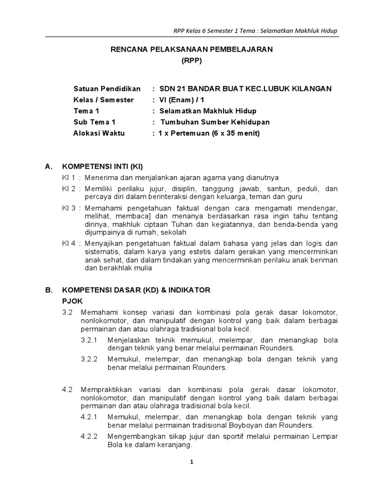 Kelas 6 RPP Tema 1 | PDF