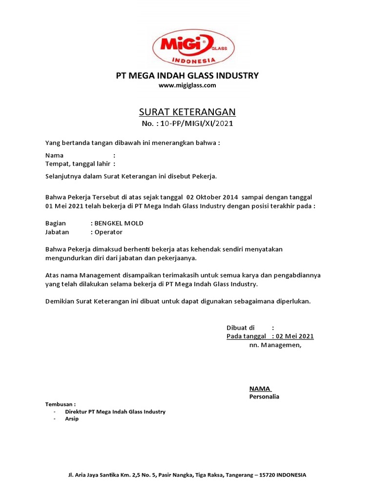 Paklaring PT Mega Indah Glass Industry | PDF | Bisnis