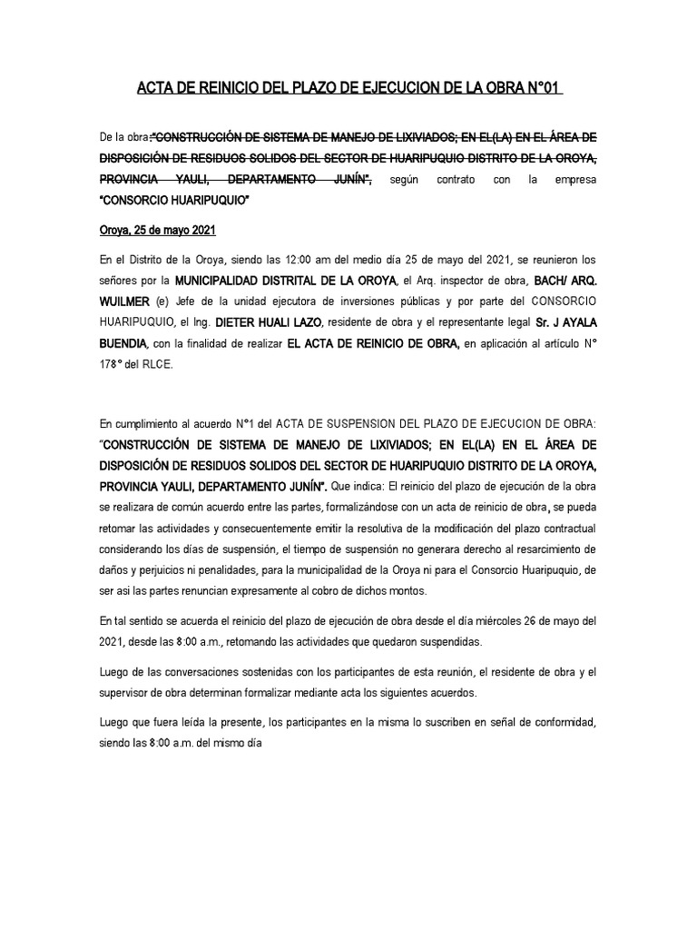 Acta de Reinicio Del Plazo de Ejecucion de La Obra N°01 | PDF