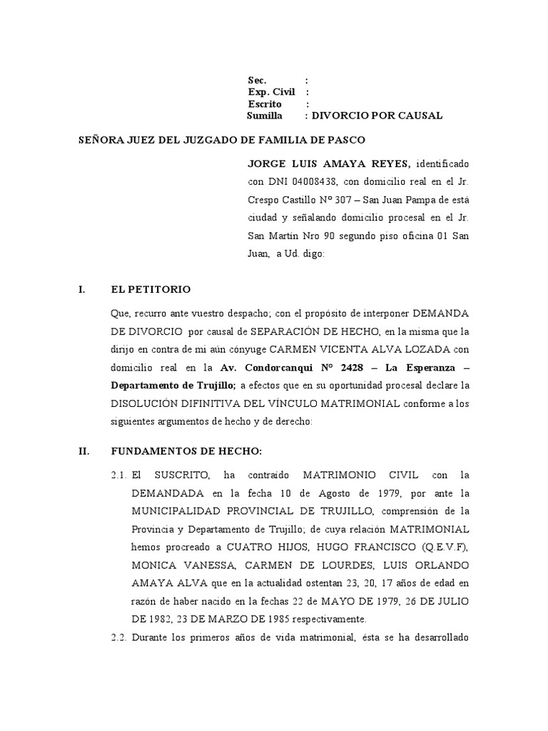 Demanda de divorcio por causal de separación de hecho presentada por ...