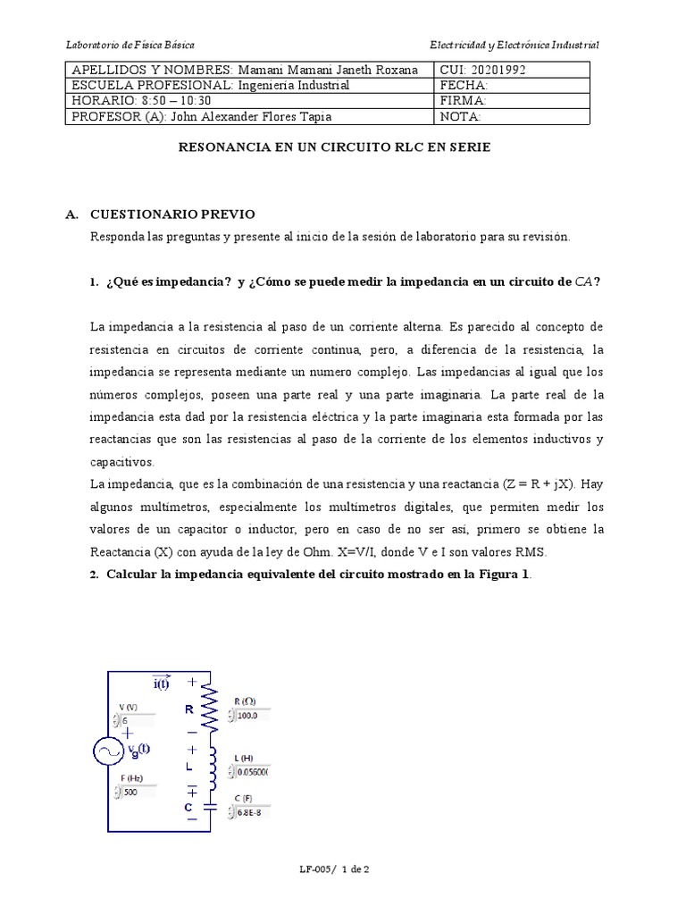 Laboratorio #4 - Circuito RLC en Serie | PDF | Resonancia | Impedancia ...