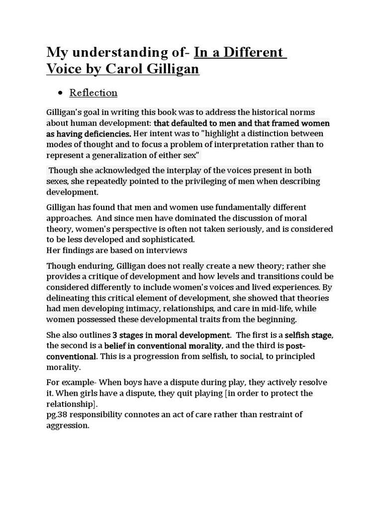 My Understanding Of-In A Different Voice by Carol Gilligan: Reflection ...