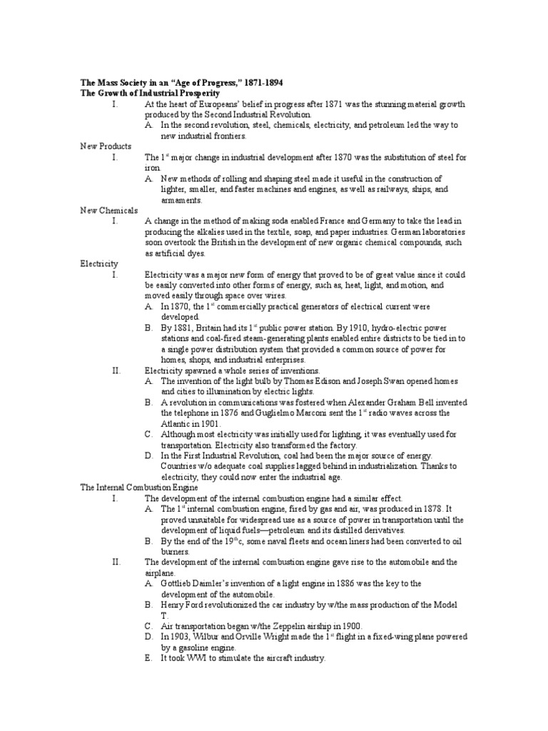 The Mass Society in An "Age of Progress," 1871-1894 The Growth of ...