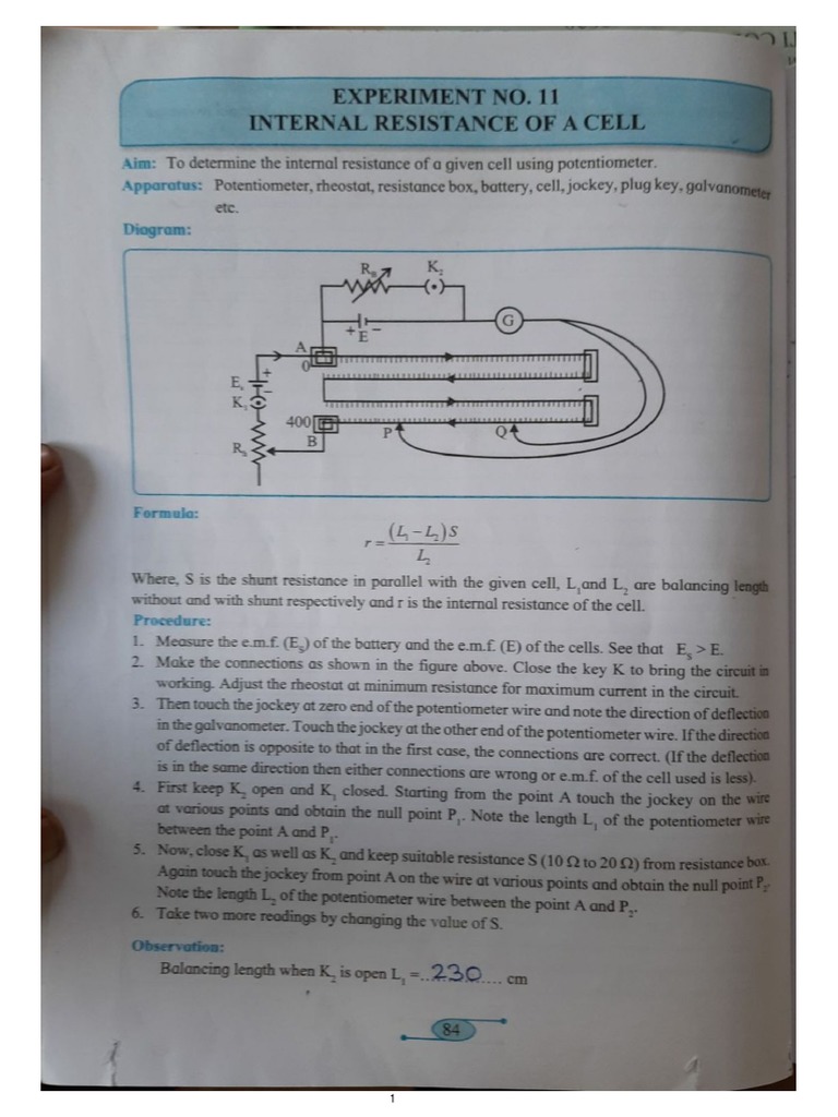 Experiment 11 Internal Resistance of A Cell | PDF