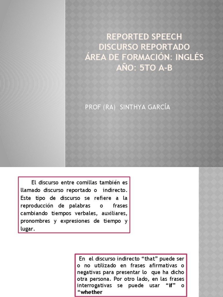 Reported Speech Discurso Reportado Área de Formación: Inglés Año: 5to A ...