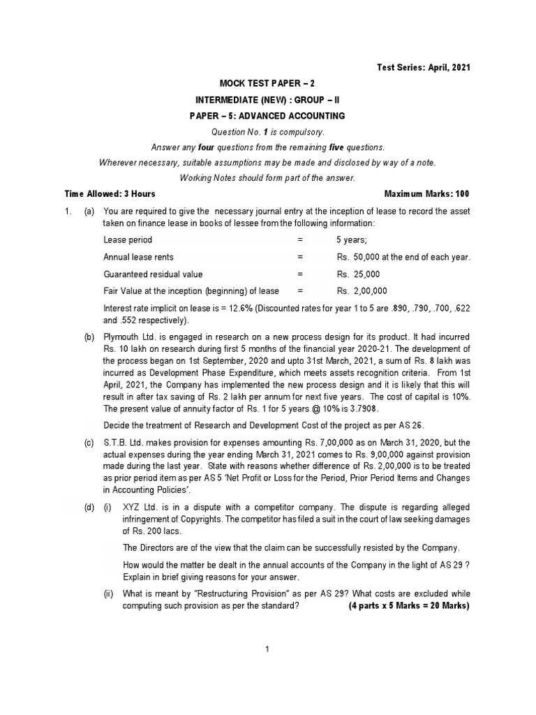 Test Series: April, 2021 Mock Test Paper - 2 Intermediate (New) : Group ...