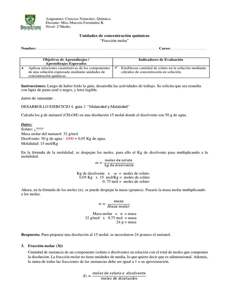 2 Medio Química Fracción Molar Pdf Concentración Mole Unidad