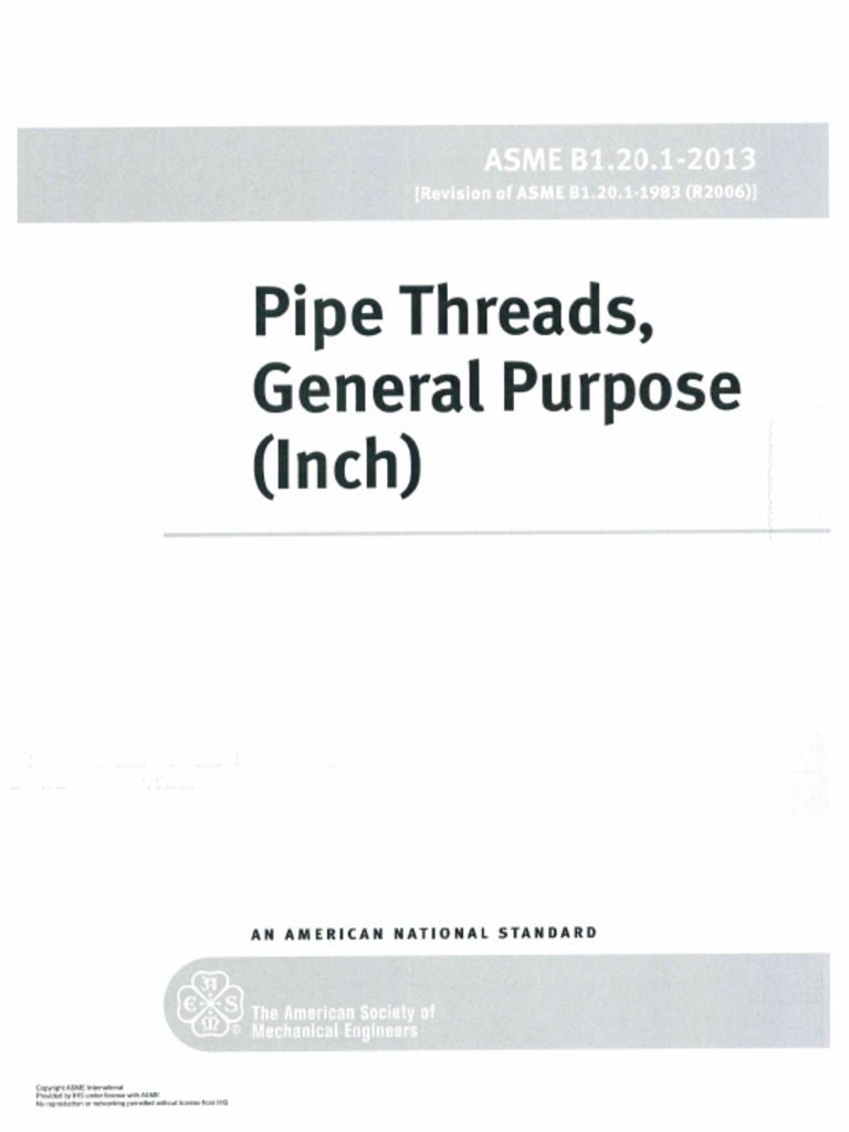 Asme b1 20-1-2013 Pipe Threads General Purpose Inch | PDF