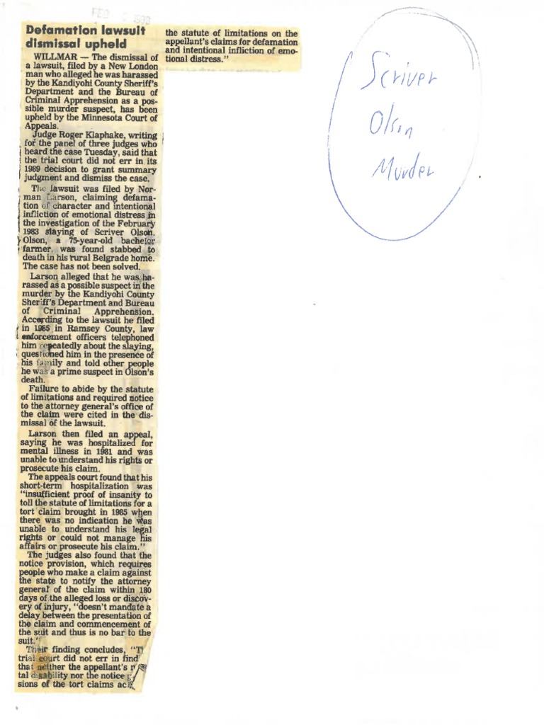 Norman Larson Defamation Lawsuit Against Kandiyohi County Sheriff's and ...