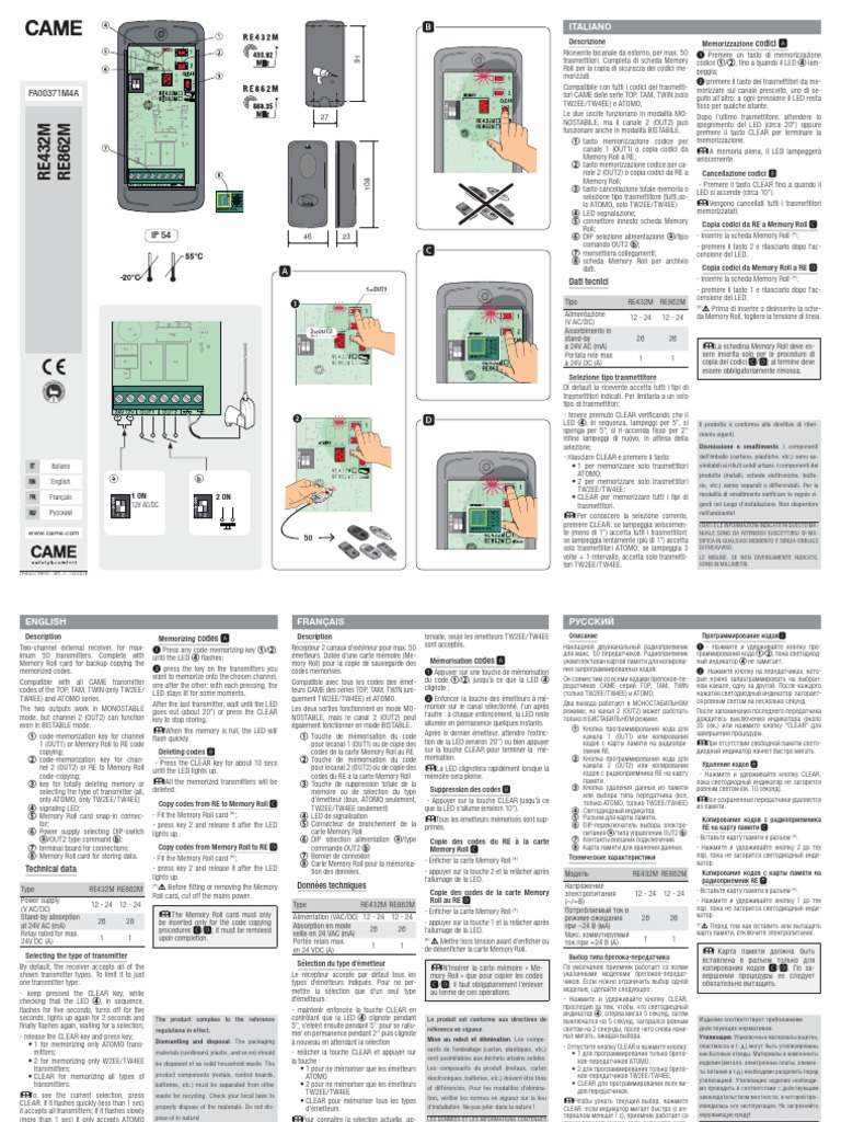 Ricevitore Came RE432M - RE862M | PDF