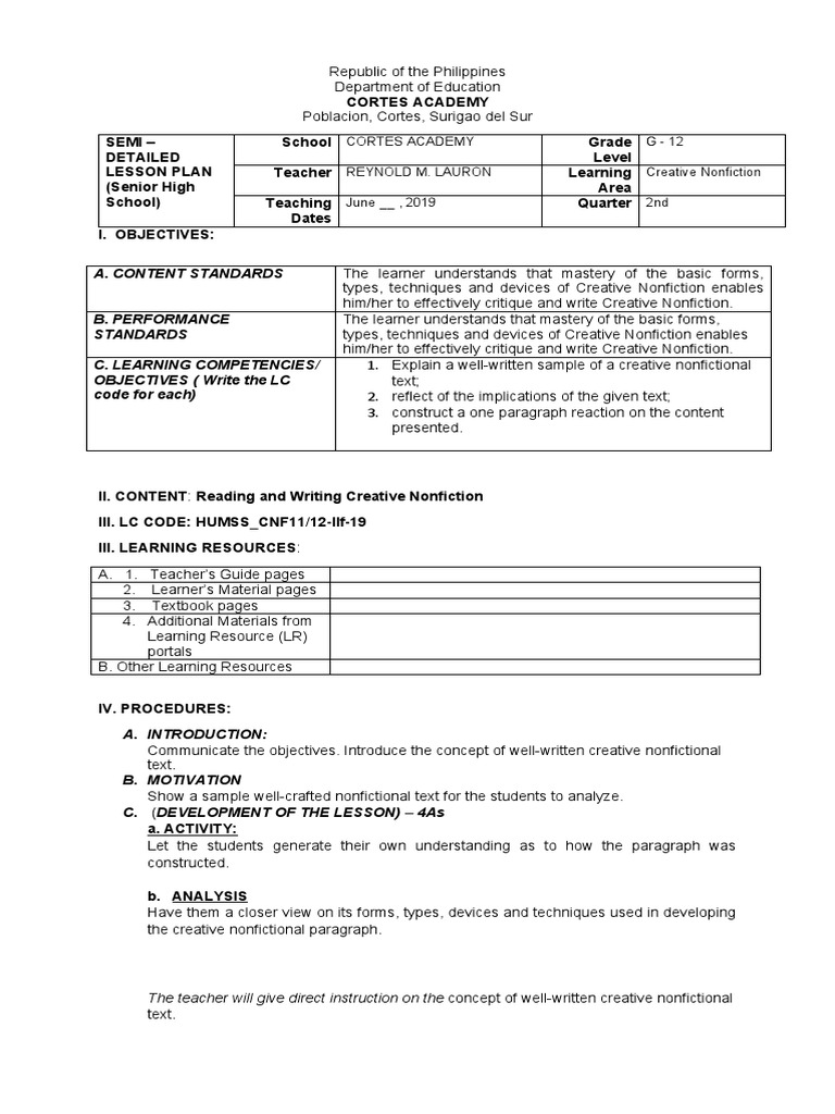 RANKING Lesson Plan in Creative Writing Day 2 | PDF | Teachers | Lesson ...