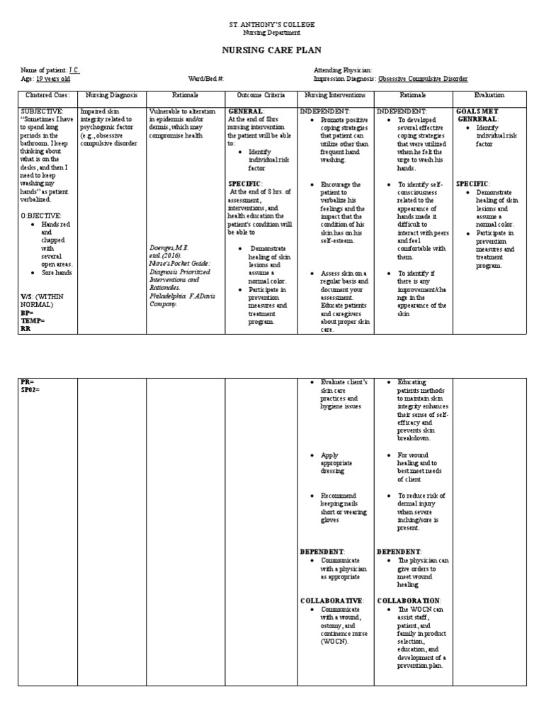 A Comprehensive Nursing Care Plan for a 19-Year Old Patient with Obsessive Compulsive Disorder ...