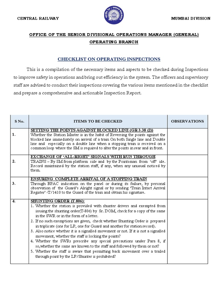 Checklist On Operating Inspections - Operating Branch, Mumbai Division ...