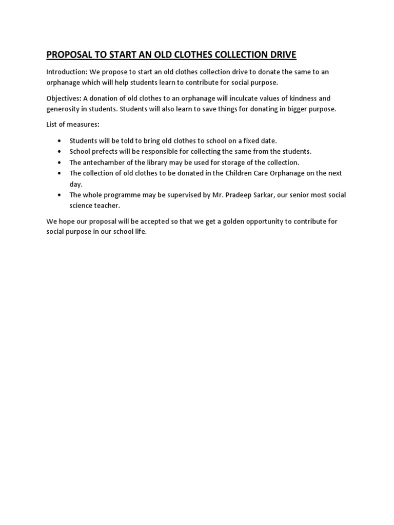 Proposal To Start An Old Clothes Collection Drive | PDF