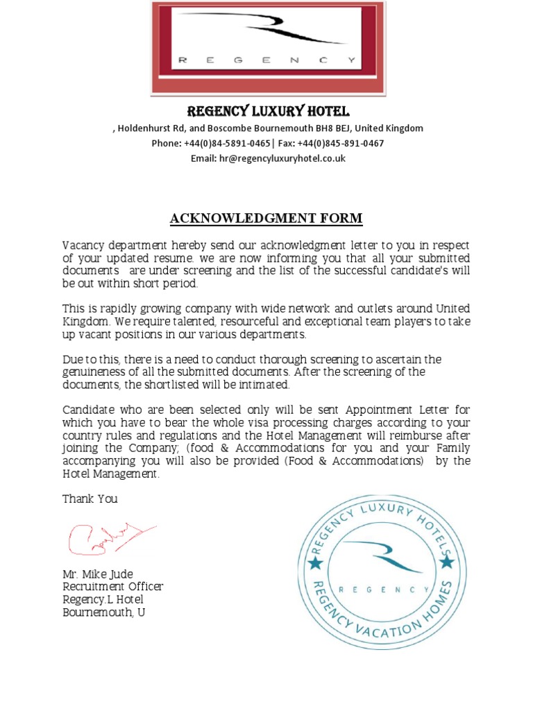 Acknowledgment Form - Regency Luxury Hotel | PDF | Business