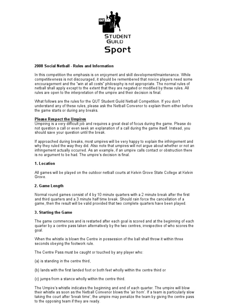 2008 Netball Rules | PDF | Team Sports | Sports Rules And Regulations