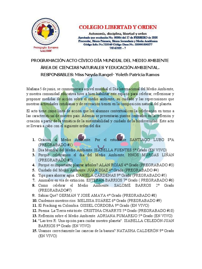 Acto cívico Día Mundial Medio Ambiente | PDF | Entorno natural | Naturaleza
