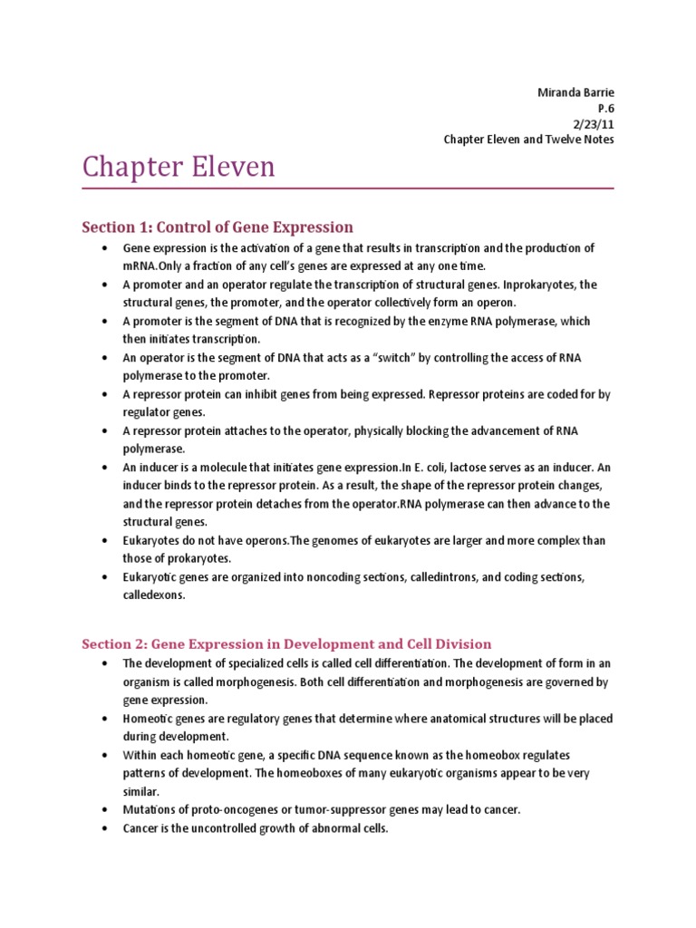 Chapter Eleven: Section 1: Control of Gene Expression | PDF | Operon | Repressor
