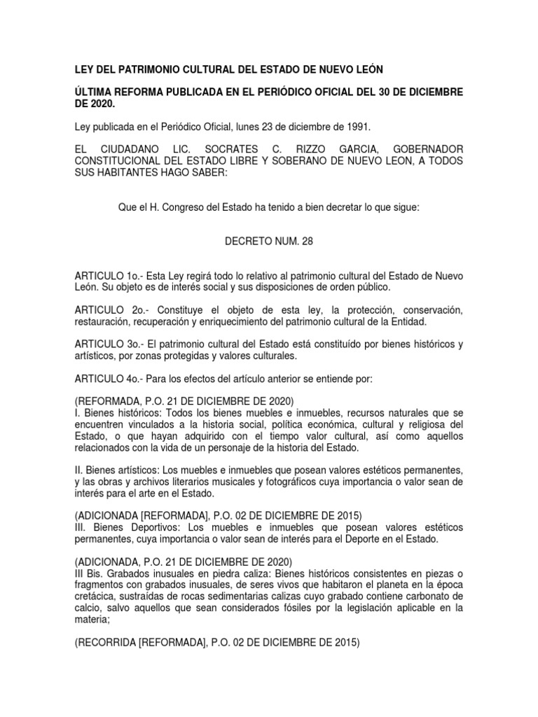 Ley Del Patrimonio Cultural Del Estado de Nuevo Leon | PDF | Multa (pena) | Propiedad