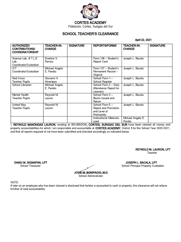 School Teacher's Clearance | PDF | Teaching | Human Nature