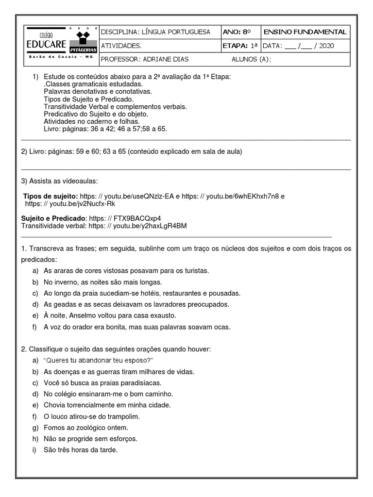 Atividades de Língua Portuguesa sobre Classes Gramaticais, Sujeito, Predicado e Complementos ...