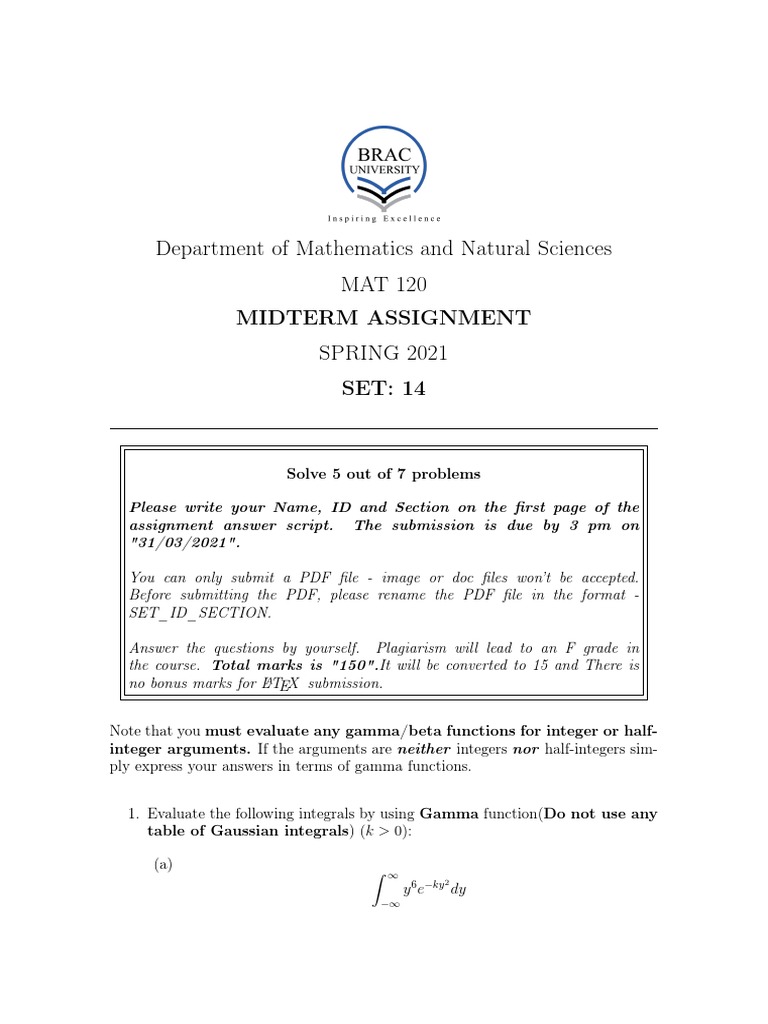 Department of Mathematics and Natural Sciences MAT 120 Midterm Assignment SPRING 2021 SET: 14 ...