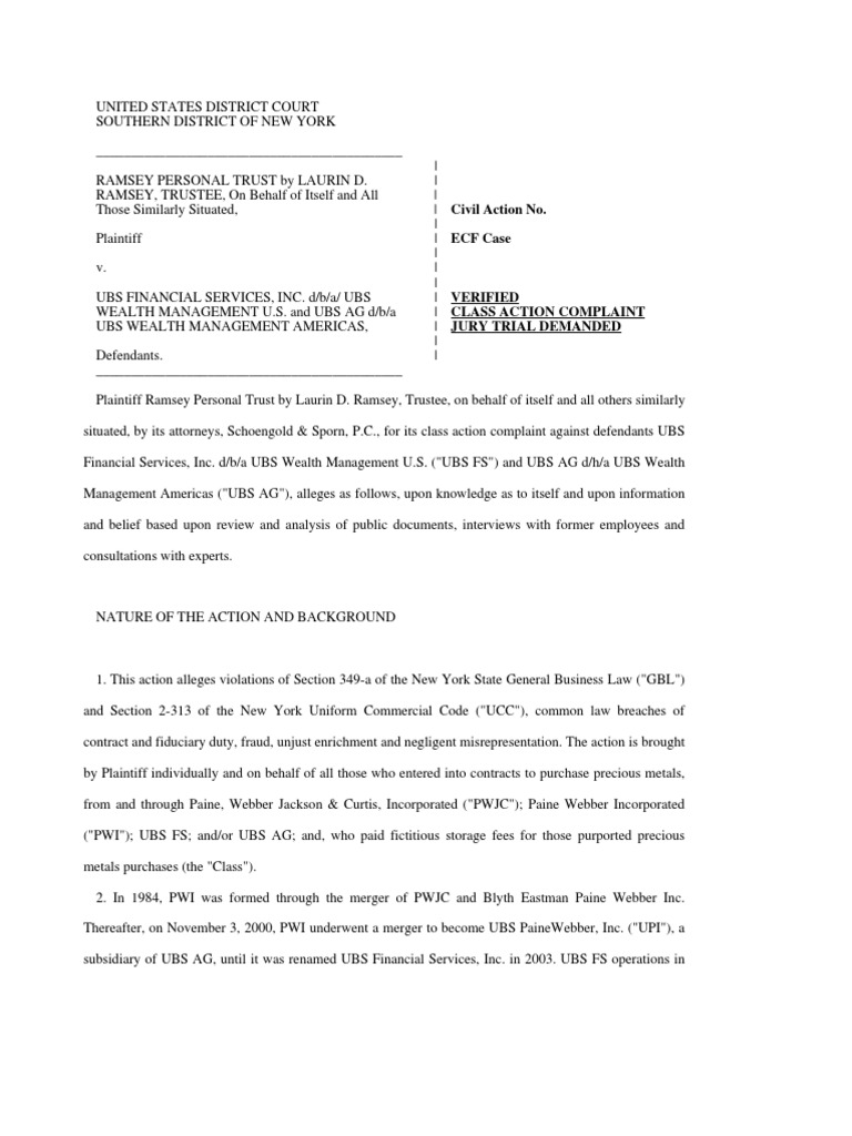 UBS Class Action Alleges Unallocated Silver Storage Scam | PDF | Ubs ...