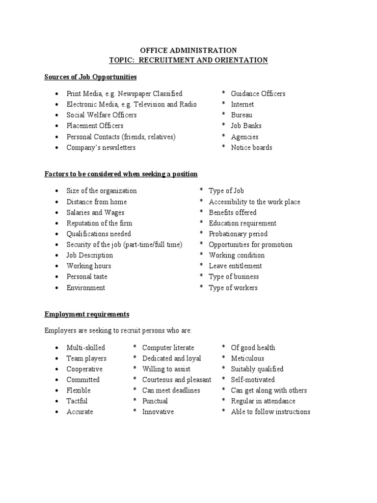 Office Administration Topic: Recruitment and Orientation Sources of Job ...