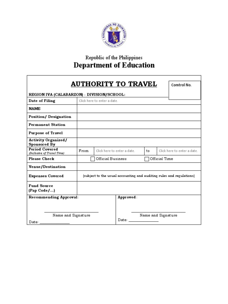 Authority To Travel Form | PDF | Business | Finance & Money Management