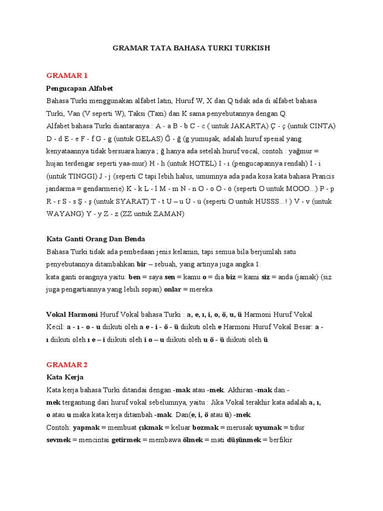Gramar Tata Bahasa Turki Turkish | PDF | Seni & Disiplin Bahasa