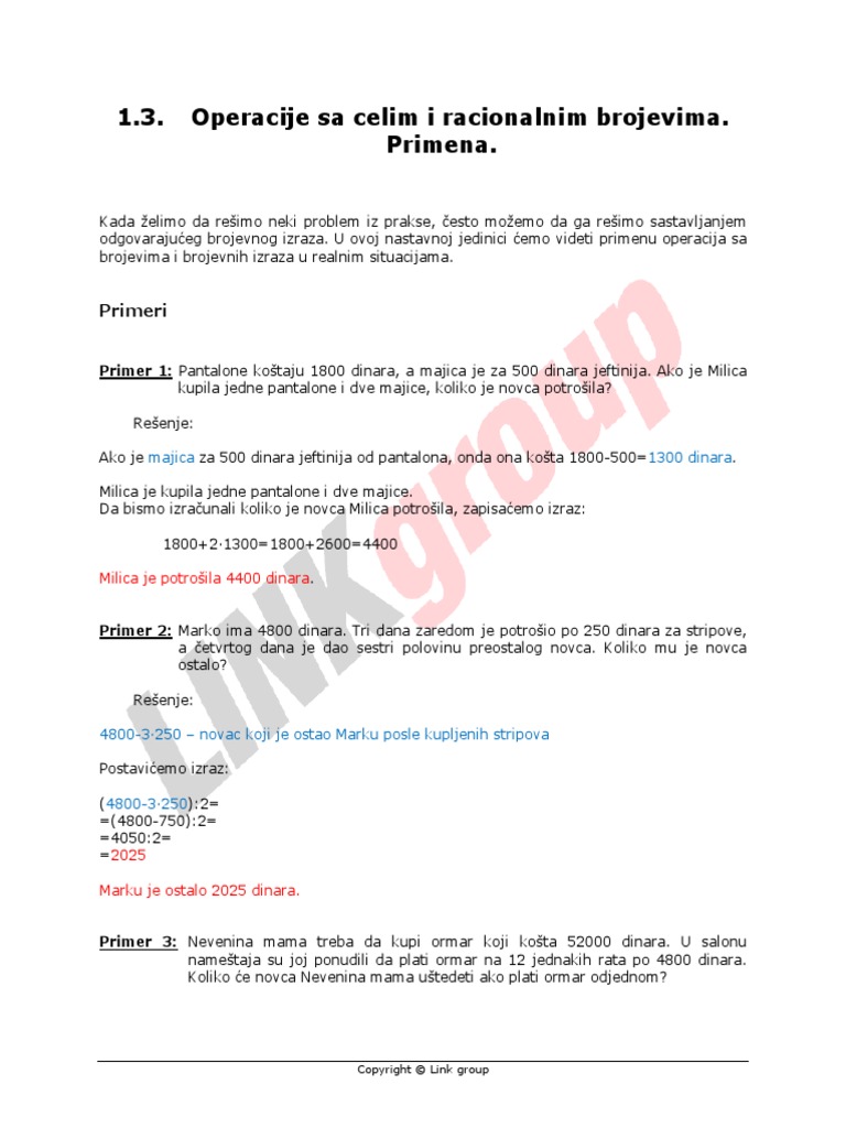 1.3. Operacije Sa Celim I Rac. Brojevima Primena 4 | PDF
