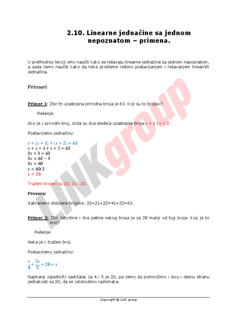 2.10. Linearne Jednacine Sa Jednom Nepoznatom Primena 4 | PDF