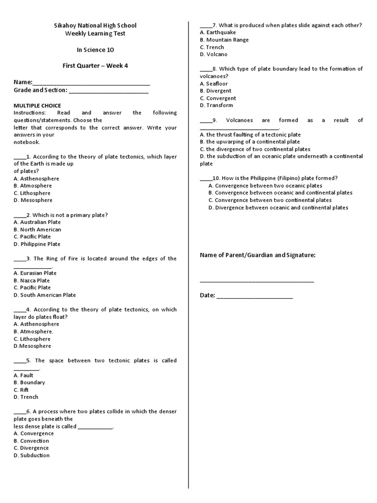 Weekly Test Grade 10 Quarter 1 Week 4 | PDF | Plate Tectonics | Tectonics