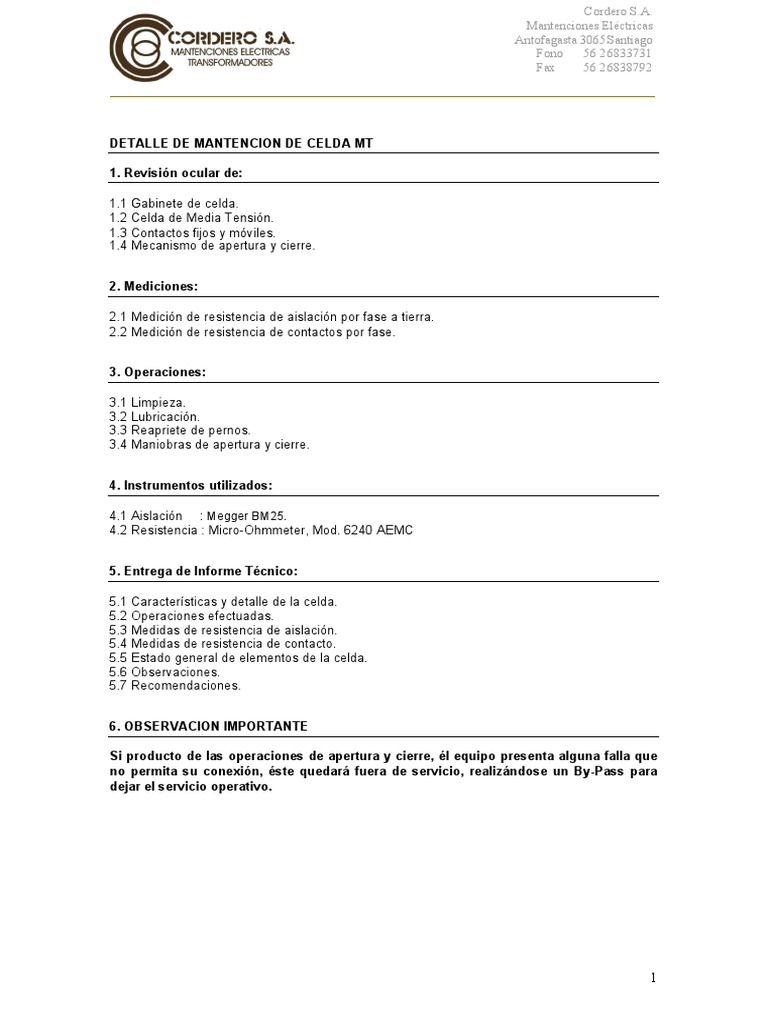 Procedimiento - Mantencion de Celda MT | PDF | Science | Ingeniería
