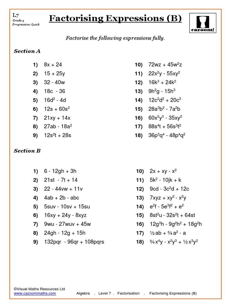 Factorising Expressions Pdf