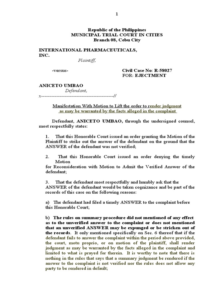 Ejectment - MANIFESTATION With MOTION TO LIFT | PDF | Pleading | Complaint