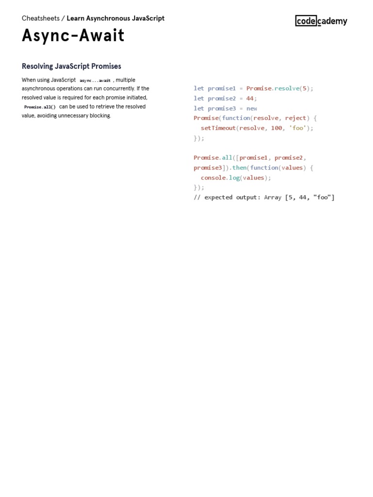 Learn Asynchronous JavaScript - Async-Await Cheatsheet - Codecademy | PDF | Java Script ...