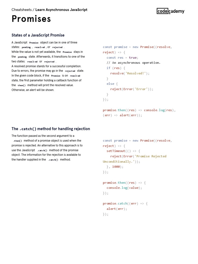 Learn Asynchronous JavaScript - Promises Cheatsheet - Codecademy | PDF ...