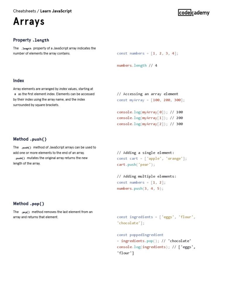 Learn Javascript Arrays Cheatsheet Codecademy Pdf Array Data Structure Java Script