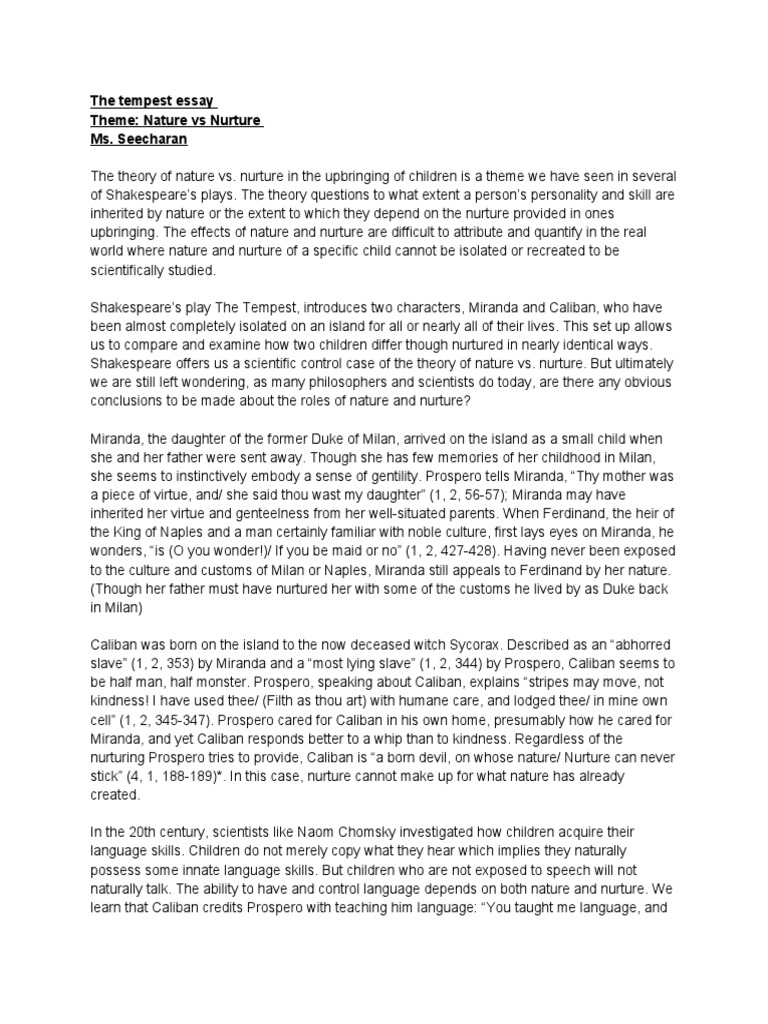 The Tempest Essay Theme: Nature Vs Nurture Ms. Seecharan | PDF | The Tempest | Science