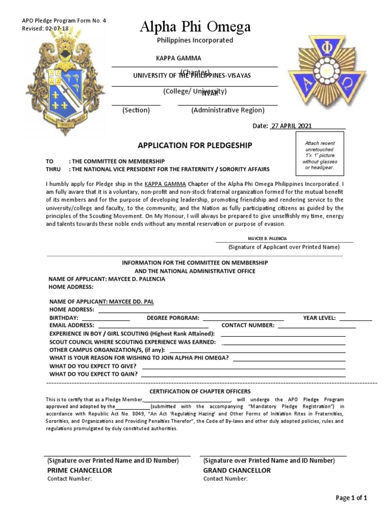 APO Pledge Application Form | PDF | Fraternities And Sororities
