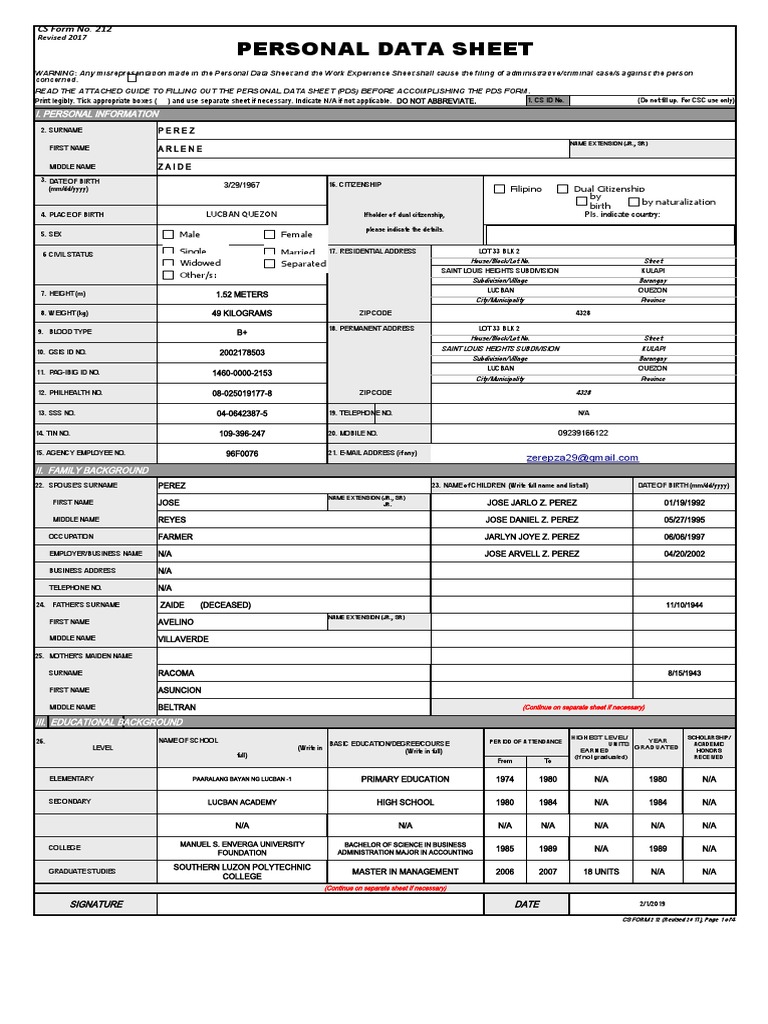 CS Form No. 212 Revised Personal Data Sheet - New | PDF | Human ...