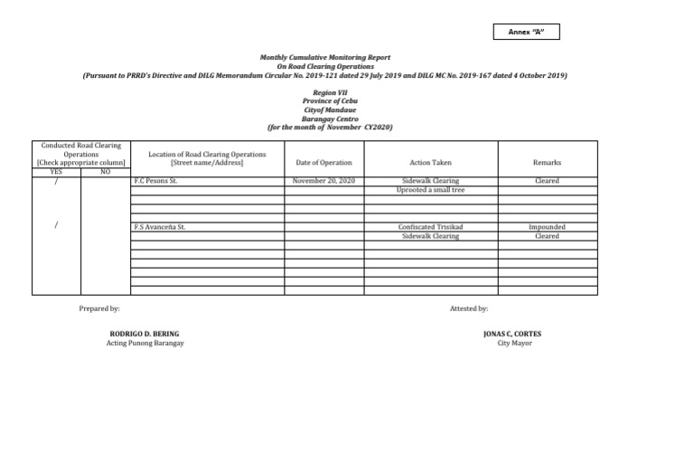 Barangay Road Clearing Report - Nov 2020 | PDF