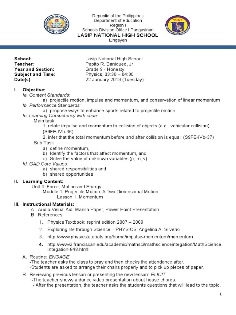 Lasip National High School Physics Lesson on Momentum | PDF | Momentum ...