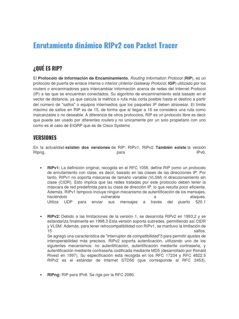 Enrutamiento Dinámico RIPv2 Con Packet Tracer 3 | PDF | Protocolos de comunicaciones | Red de ...