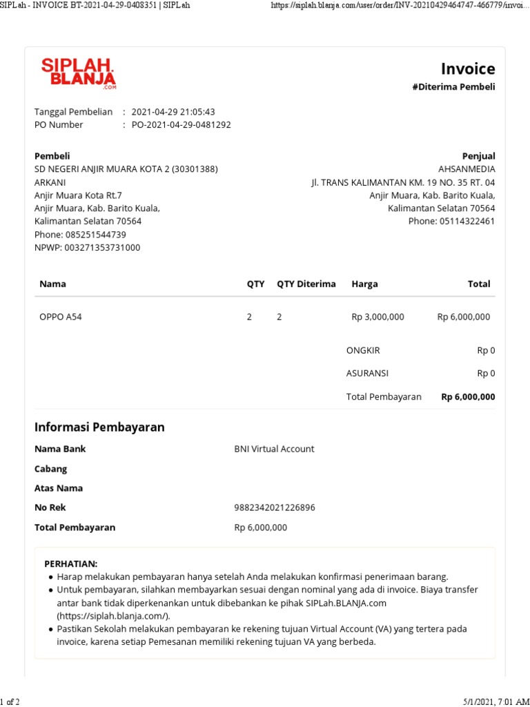 Invoice Pembelian OPPO untuk Sekolah | PDF