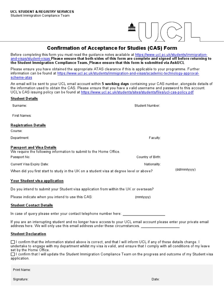 Confirmation of Acceptance For Studies (CAS) Form: And-Visas/student ...
