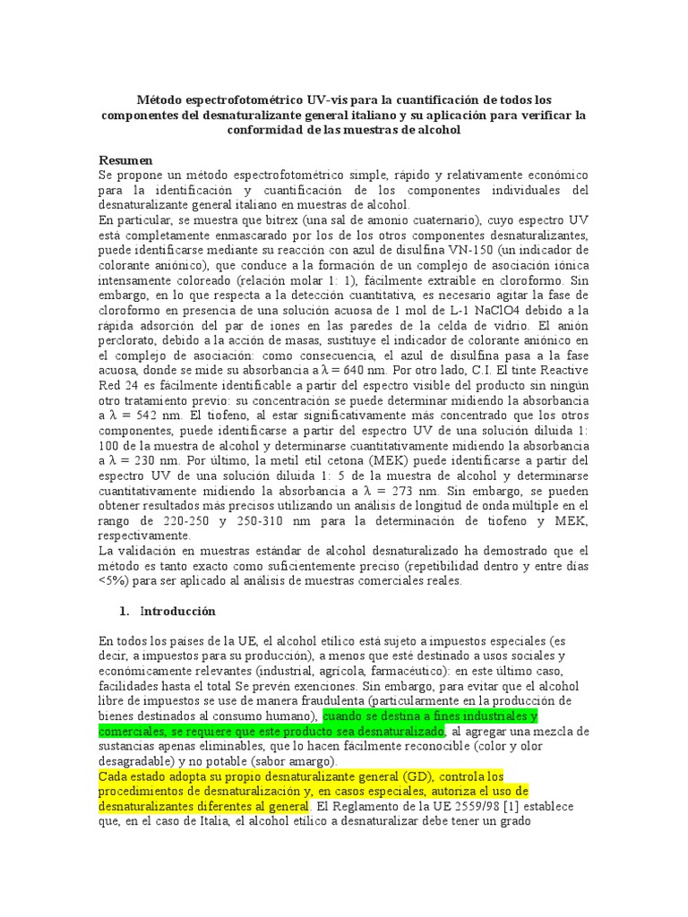 Método Espectrofotométrico UV de Alcohol Desnaturalizado | PDF | Etanol ...