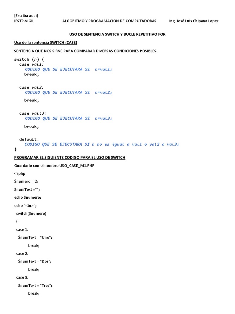 Uso de Sentencia Switch y Bucle Repetitivo For en PHP | PDF | Lenguaje ...