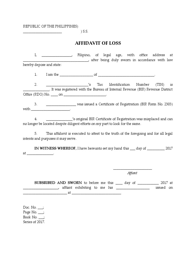 Sample Affidavit of Loss - BIR COR | PDF | Affidavit | Justice